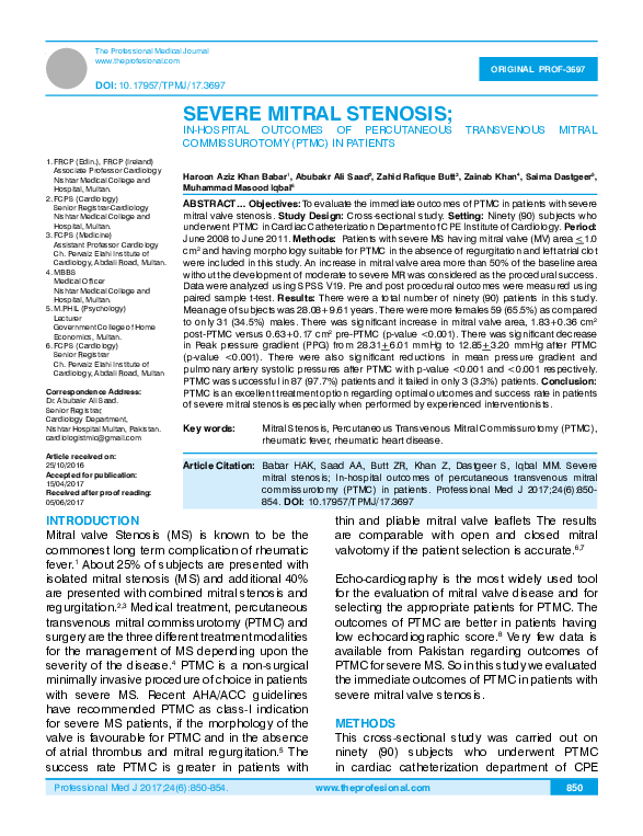 (PDF) Severe Mitral Stenosis; In-Hospital Outcomes of Percutaneous ...