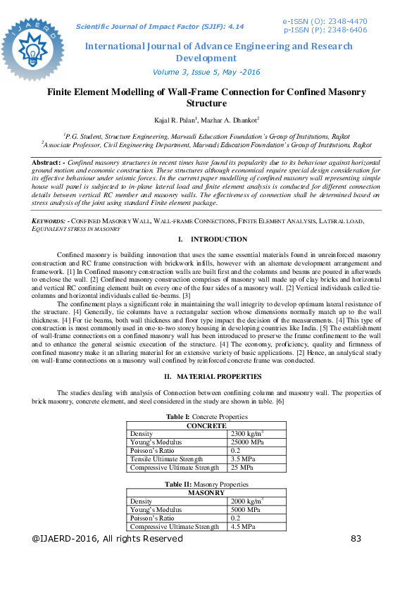 Pdf Finite Element Modelling Of Wall Frame Connection For Confined