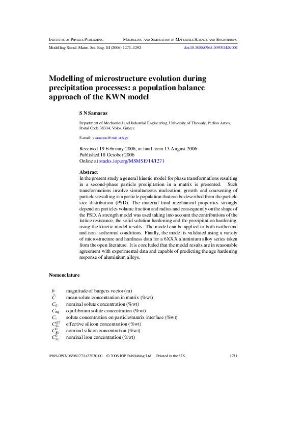 Pdf Modelling Of Microstructure Evolution During Precipitation Processes A Population Balance