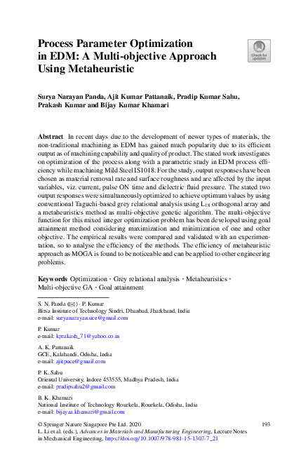 Pdf Process Parameter Optimization In Edm A Multi Objective Approach Using Metaheuristic