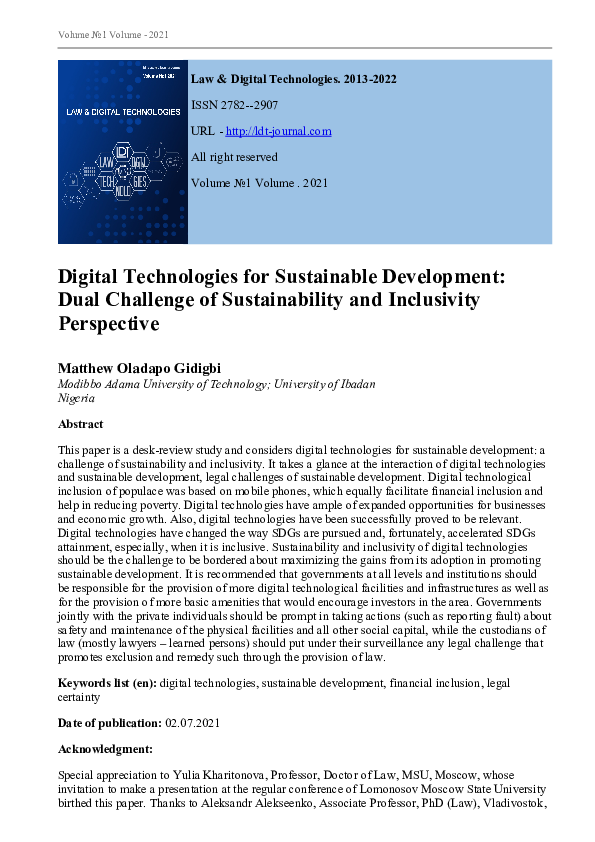 (PDF) Digital Technologies for Sustainable Development: Dual Challenge ...