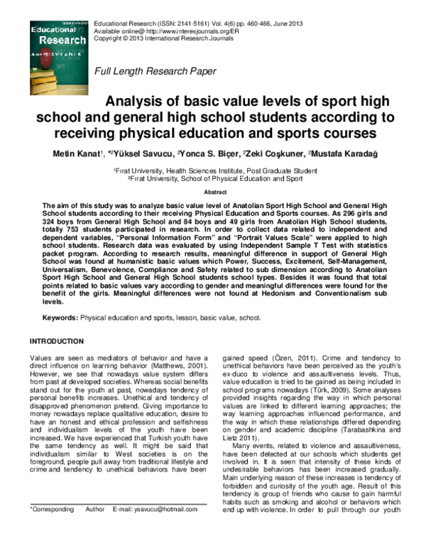 (PDF) Analysis of basic value levels of sport high school and general ...