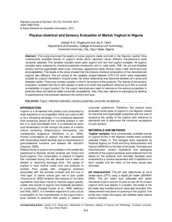 (PDF) Physico-chemical and Sensory Evaluation of Market Yoghurt in Nigeria
