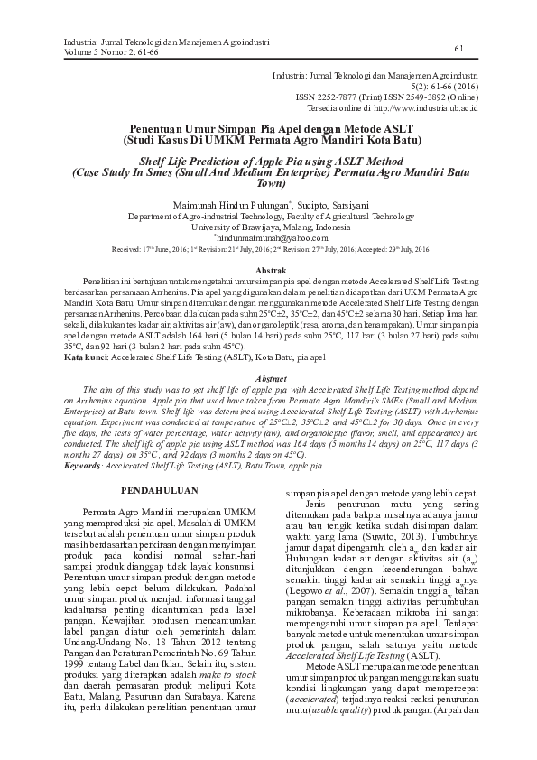 (PDF) Shelf Life Prediction of Apple Pia using ASLT Method (Case Study ...