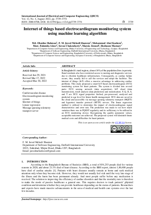 Pdf Internet Of Things Based Electrocardiogram Monitoring System Using Machine Learning Algorithm