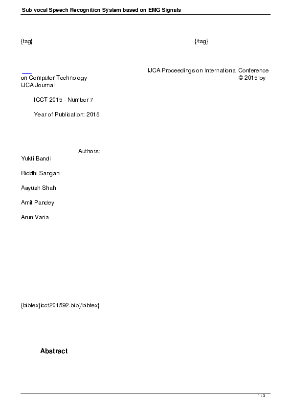 (PDF) Sub vocal Speech Recognition System based on EMG Signals