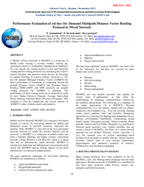 (PDF) Performance Evaluation of Ad-hoc On -Demand Multipath Distance Vector Routing Protocol in ...