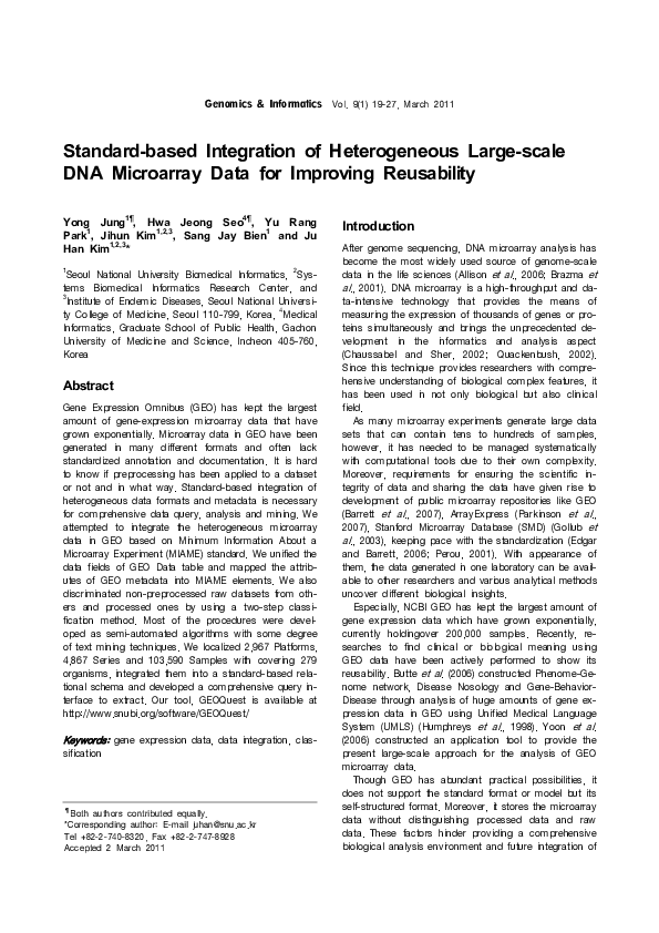 (PDF) Standard-based Integration of Heterogeneous Large-scale DNA Microarray Data for Improving ...