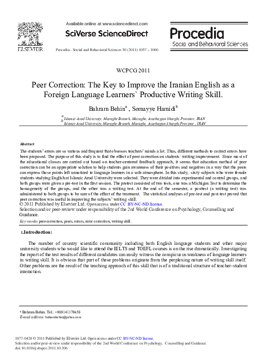 (PDF) Peer Correction: The Key to Improve the Iranian English as a ...