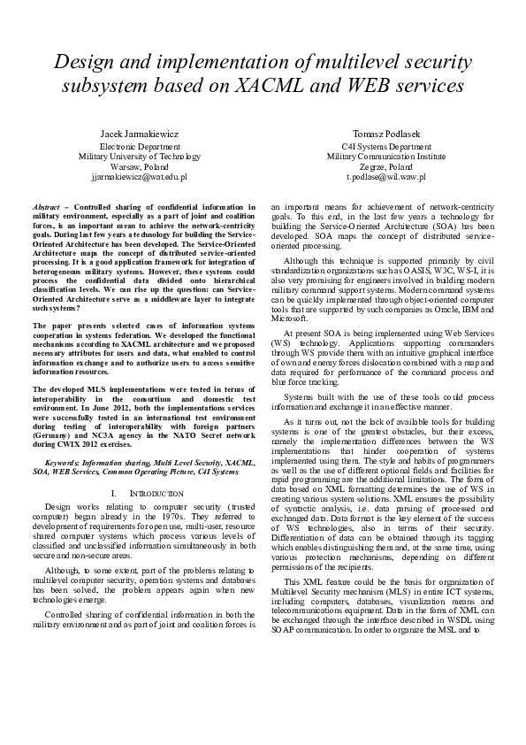 Pdf Design And Implementation Of Multilevel Security Subsystem Based On Xacml And Web Services