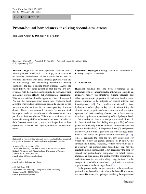 (PDF) Proton-bound homodimers involving second-row atoms | Bun Chan ...