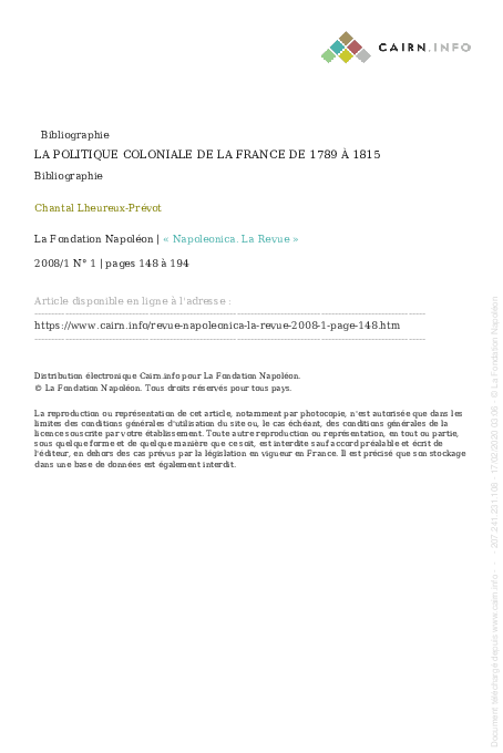 (PDF) La politique coloniale de la France de 1789 à 1815 | Chantal ...