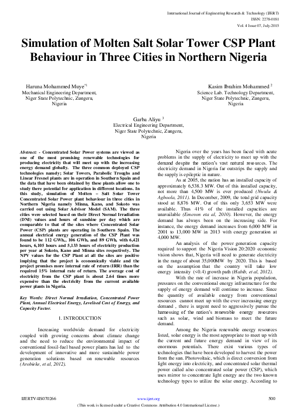 (PDF) Simulation of Molten Salt Solar Tower CSP Plant Behaviour in ...