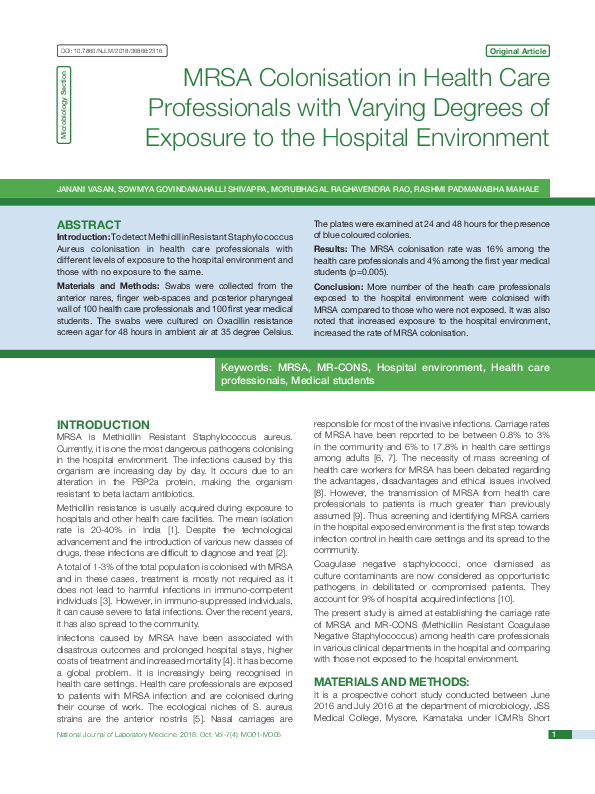(PDF) MRSA Colonisation in Health Care Professionals with Varying ...