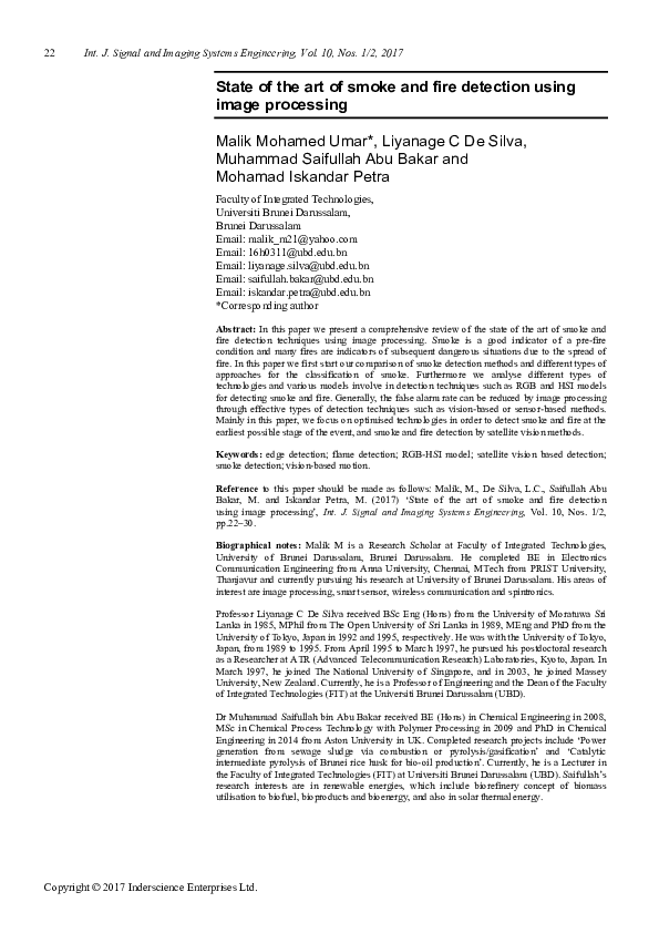 (PDF) State of the art of smoke and fire detection using image processing
