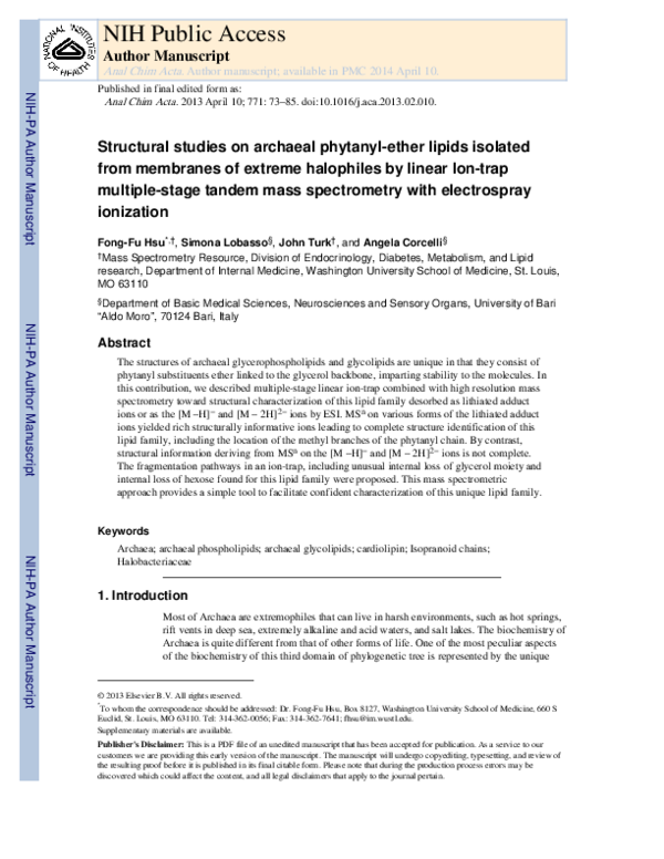 (PDF) Structural studies on archaeal phytanyl-ether lipids isolated ...