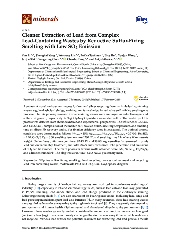 (PDF) Cleaner Extraction of Lead from Complex Lead-Containing Wastes by ...