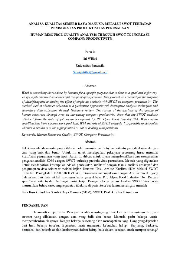 (DOC) ANALISA KUALITAS SUMBER DAYA MANUSIA MELALUI SWOT TERHADAP ...