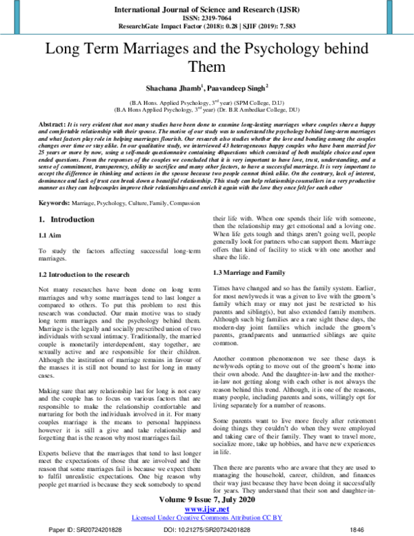 (PDF) Long Term Marriages and the Psychology behind Them