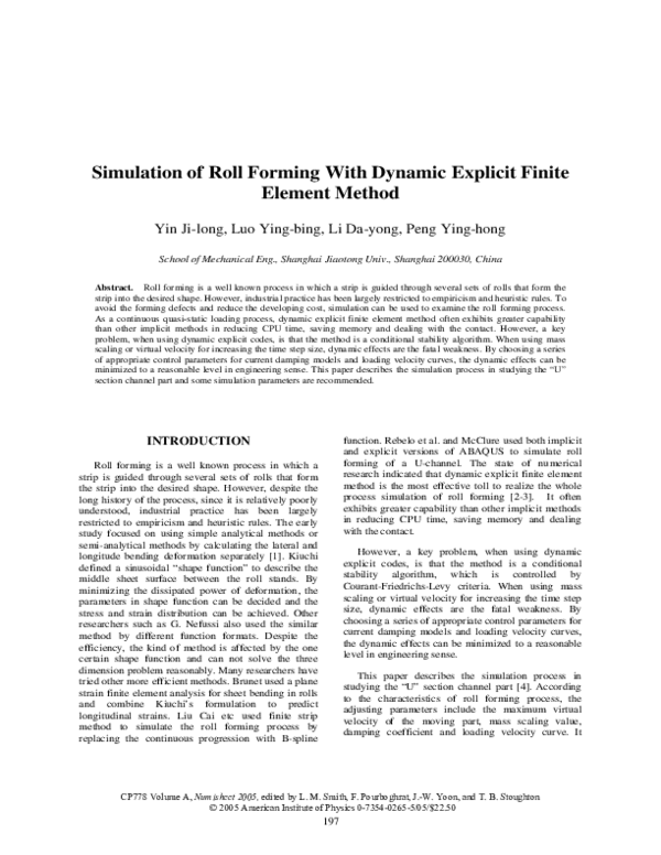 (PDF) Simulation of Roll Forming With Dynamic Explicit Finite Element Method