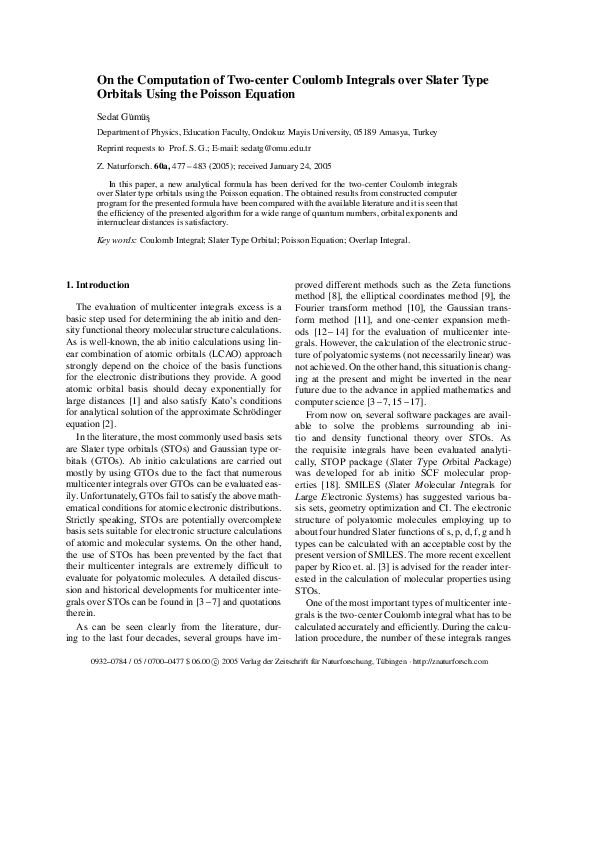 Pdf On The Computation Of Two Center Coulomb Integrals Over Slater Type Orbitals Using The