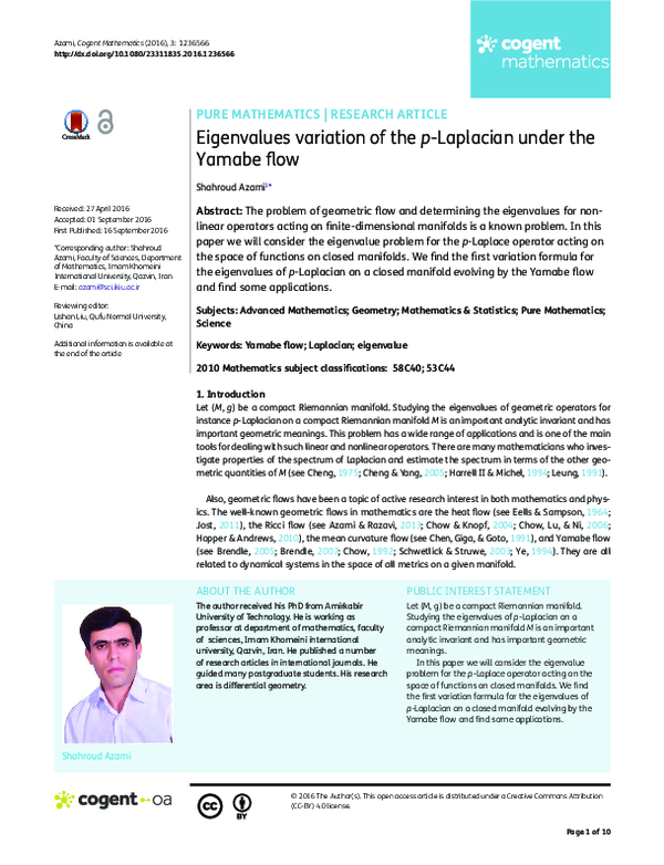 (PDF) Eigenvalues variation of the p-Laplacian under the Yamabe flow