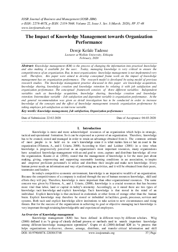(PDF) The Impact of Knowledge Management towards Organization Performance