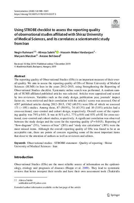 (PDF) Using STROBE checklist to assess the reporting quality of ...