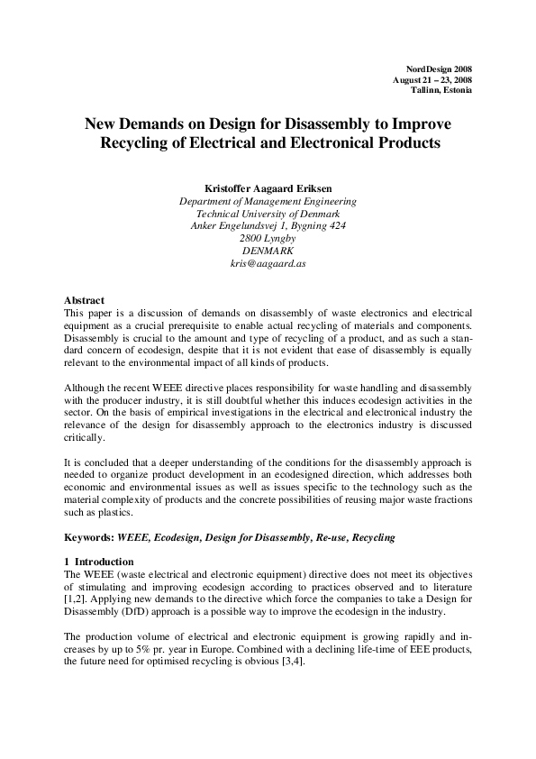 (PDF) New Demands on Design for Disassembly to ImproveRecycling of ...