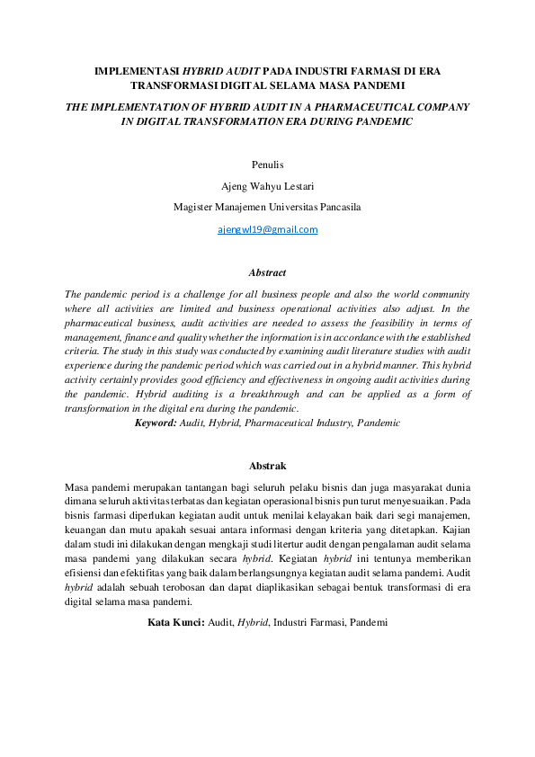 (PDF) IMPLEMENTASI HYBRID AUDIT PADA INDUSTRI FARMASI DI ERA ...