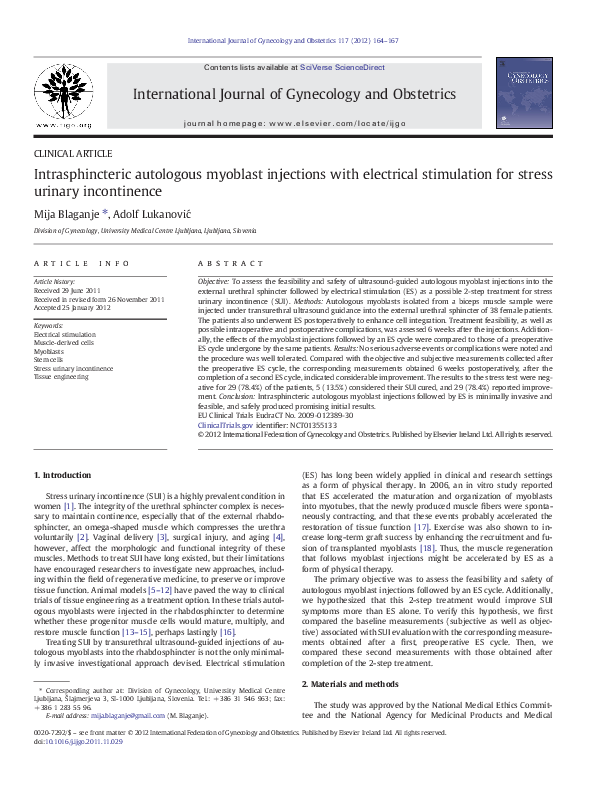 (PDF) Intrasphincteric autologous myoblast injections with electrical ...