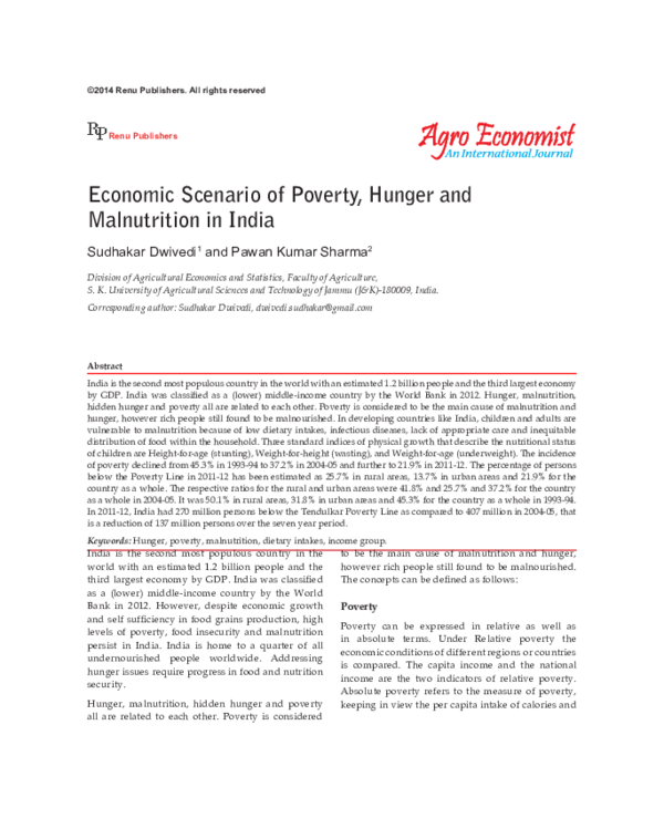 (PDF) Economic Scenario of Poverty, Hunger and Malnutrition in India