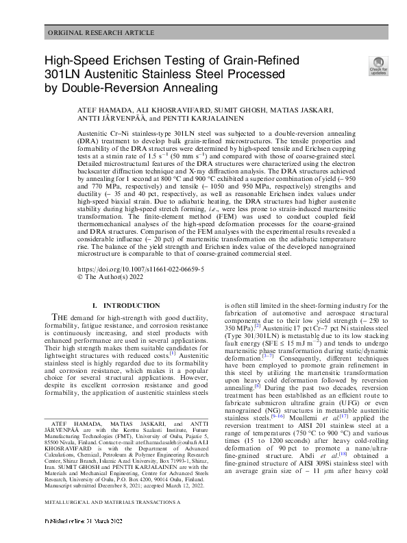 (PDF) High-Speed Erichsen Testing of Grain-Refined 301LN Austenitic ...
