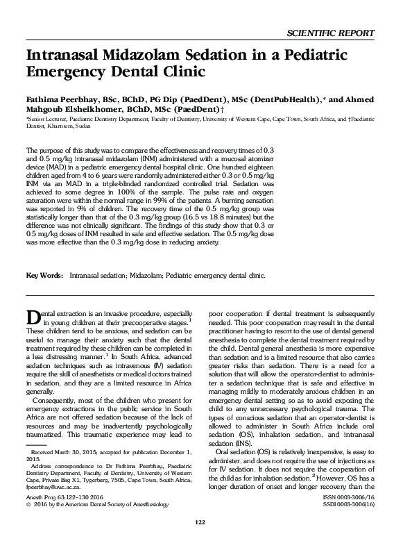 (PDF) Intranasal Midazolam Sedation in a Pediatric Emergency Dental Clinic