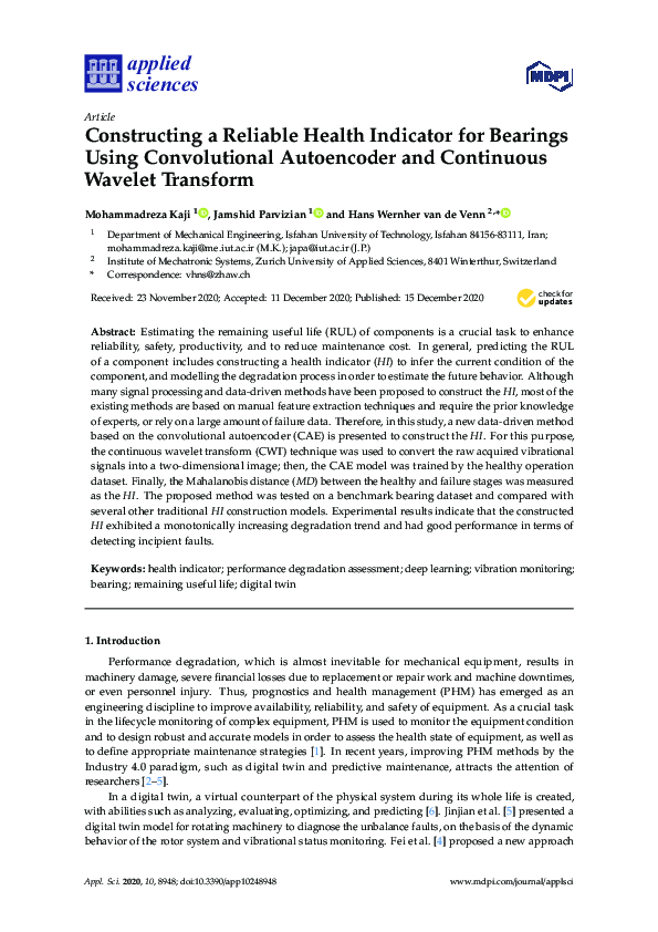 (PDF) Constructing a Reliable Health Indicator for Bearings Using Convolutional Autoencoder and ...