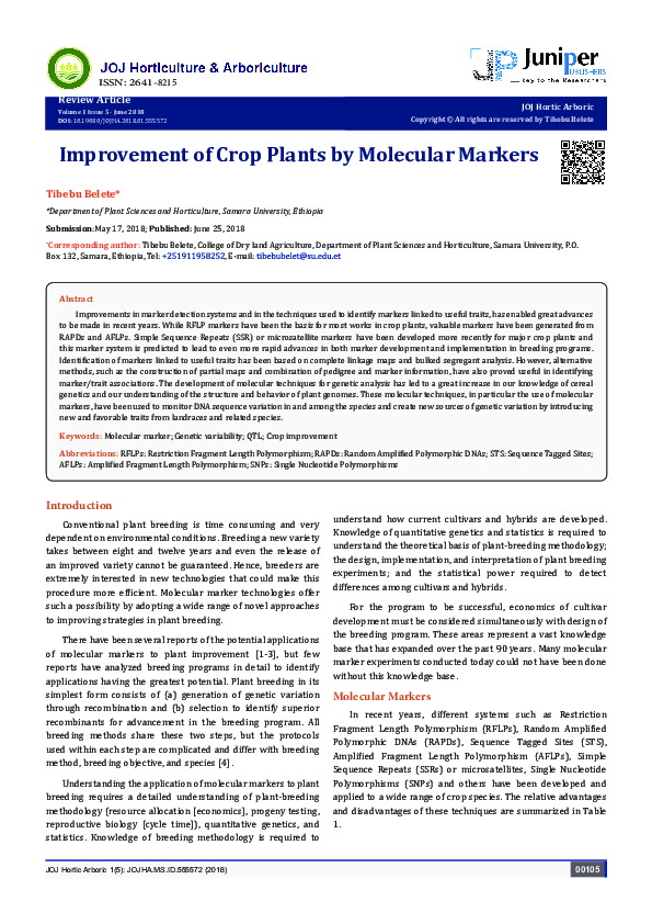 Pdf Molecular Marker Techniques In Crop Improvement