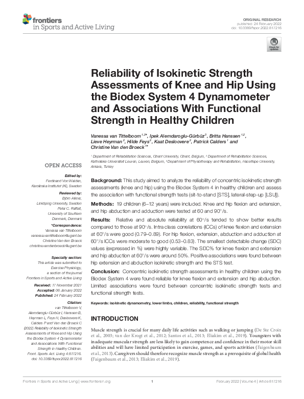 (PDF) Reliability of Isokinetic Strength Assessments of Knee and Hip ...