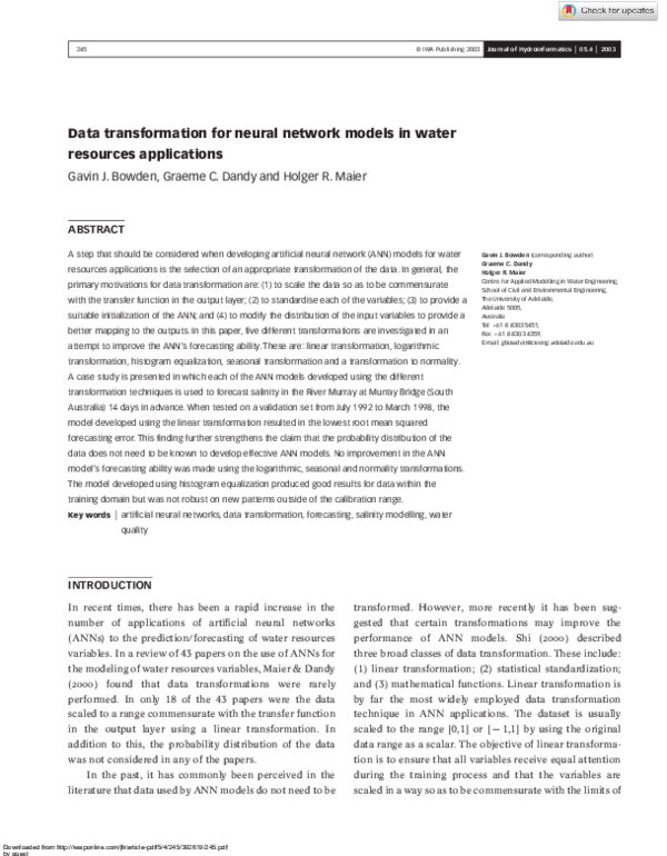 (PDF) Data transformation for neural network models in water resources applications