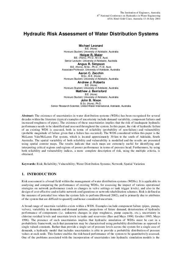 (PDF) Hydraulic risk assessment of water distribution systems