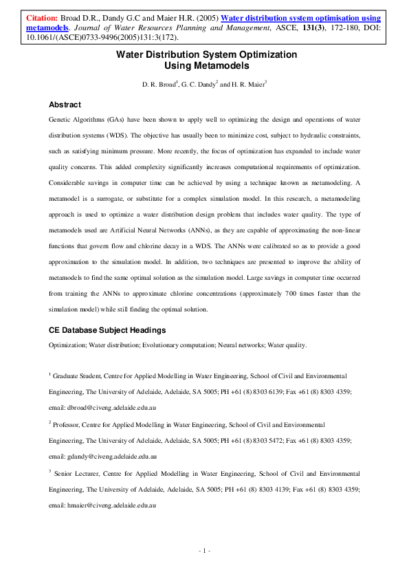 (PDF) Water Distribution System Optimization Using Metamodels
