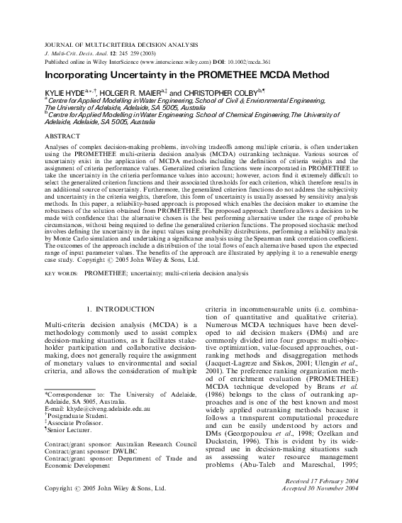 (PDF) Incorporating uncertainty in the PROMETHEE MCDA method
