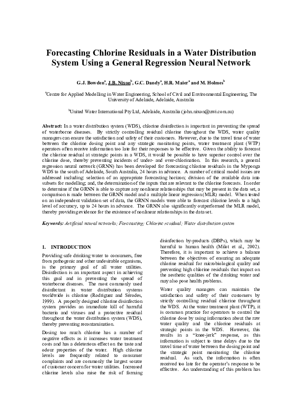 (PDF) Forecasting chlorine residuals in a water distribution system using a general regression ...