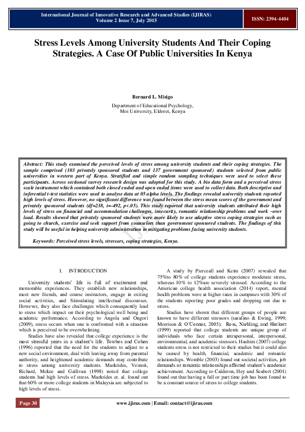 (PDF) Stress Levels Among University Students And Their Coping ...