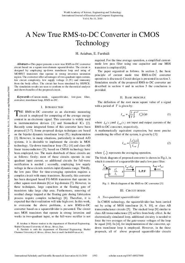 (PDF) A New True Rms-To-Dc Converter In Cmos Technology