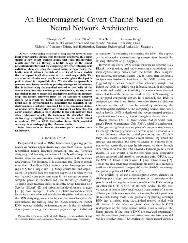 (PDF) An Electromagnetic Covert Channel based on Neural Network Architecture