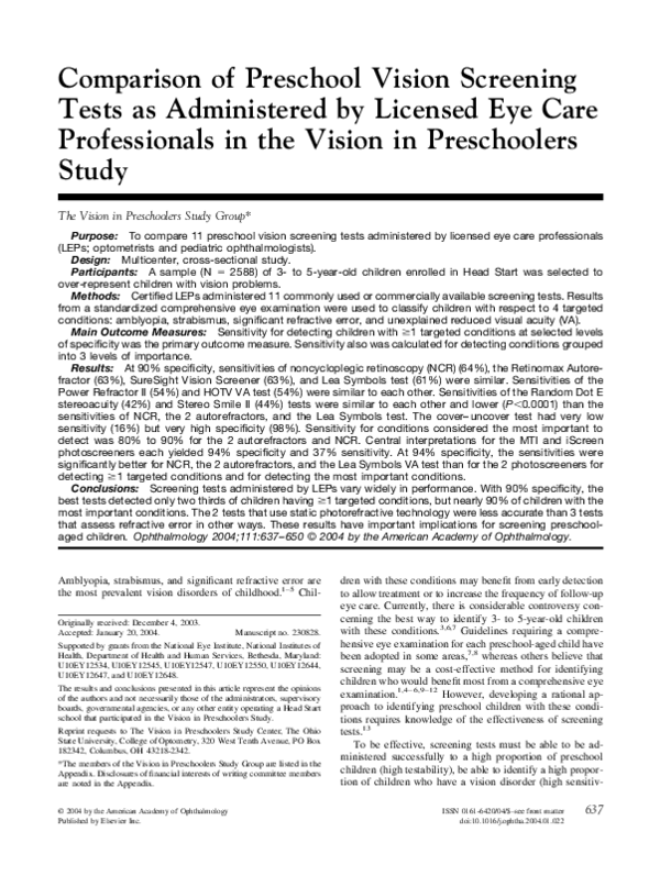 (PDF) Comparison of preschool vision screening tests as administered by ...
