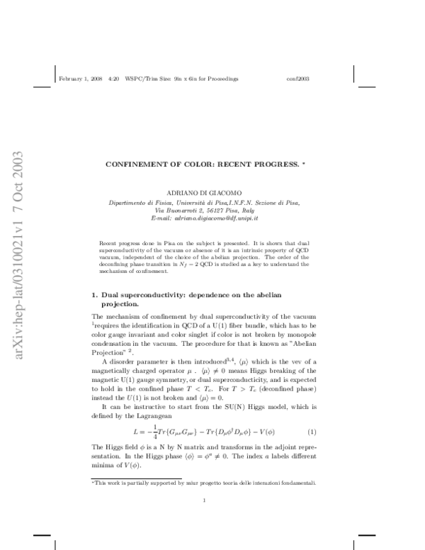 (PDF) Confinement of Color: Recent Progress