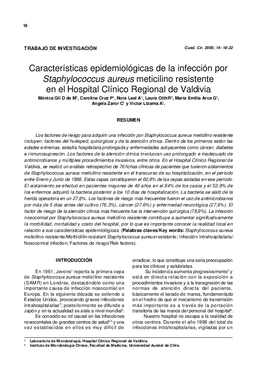 (PDF) Características epidemiológicas de la infección por Staphylococcus aureus meticilino ...