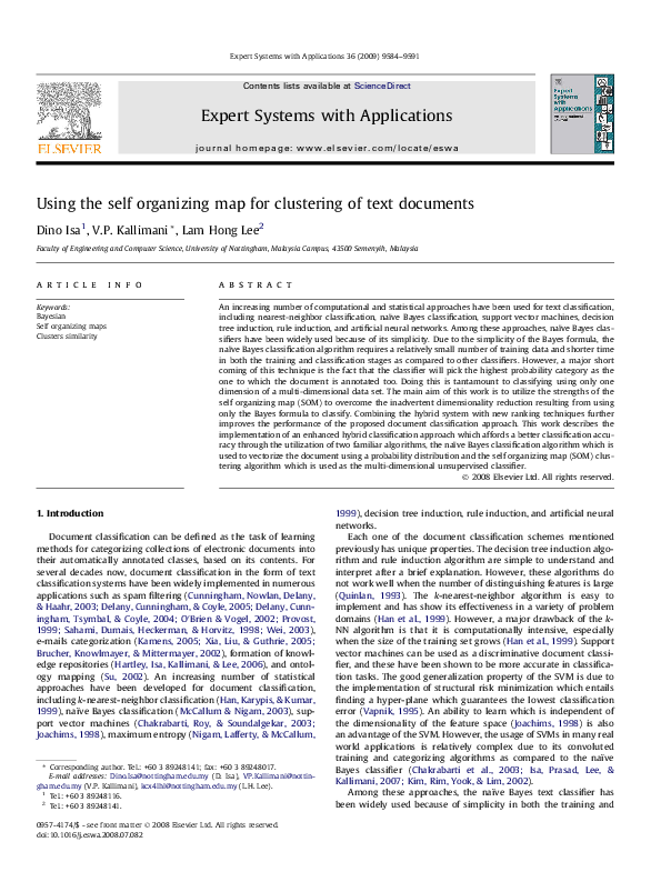 Pdf Using The Self Organizing Map For Clustering Of Text Documents
