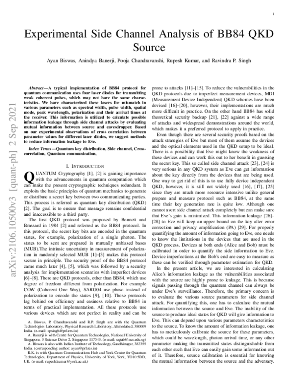 (PDF) Experimental Side Channel Analysis of BB84 QKD Source